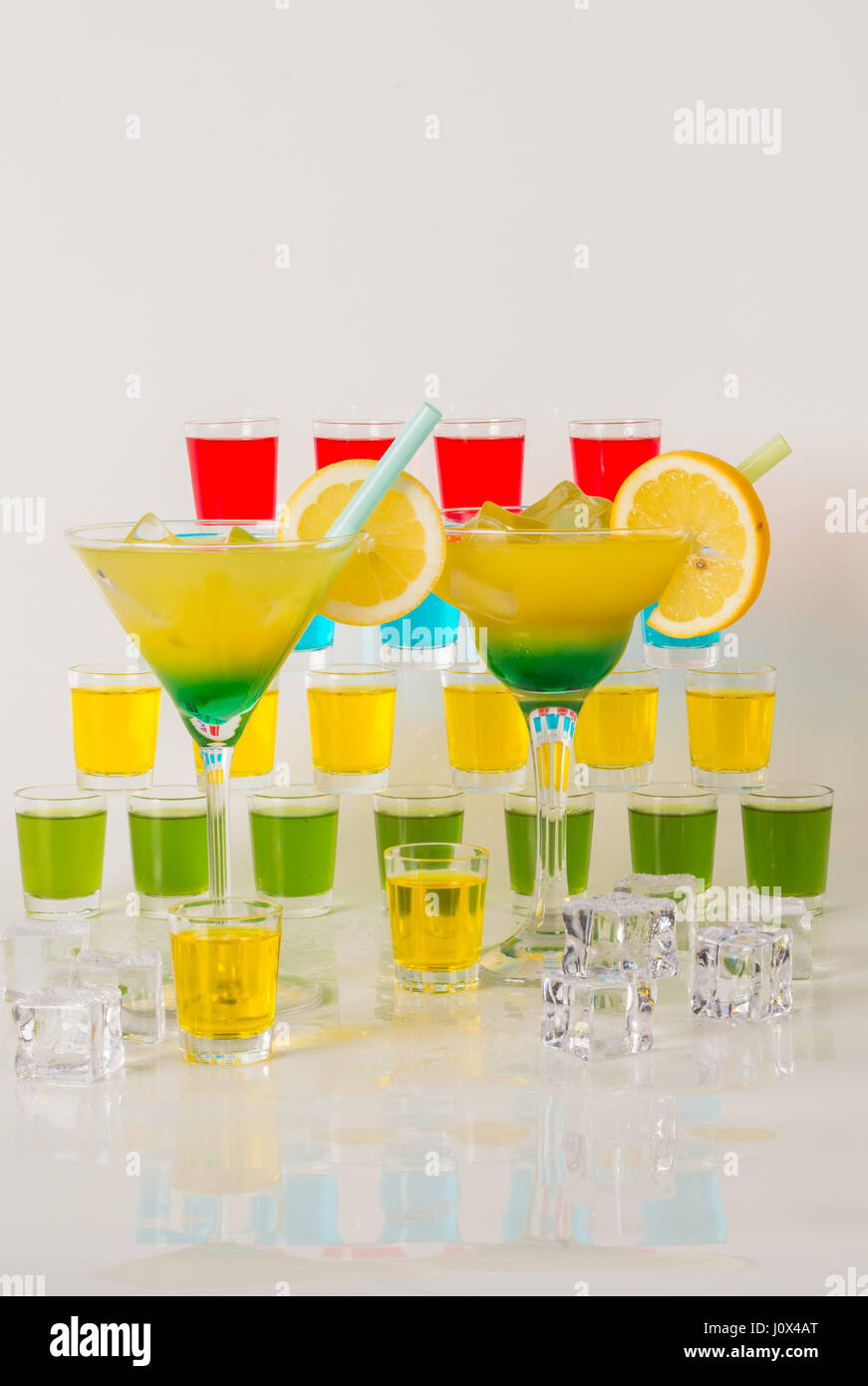 Colorful set of drinks, color drink decorated with fruit, many color ...