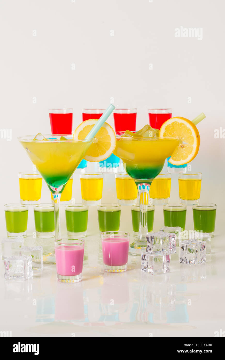 Colorful set of drinks, color drink decorated with fruit, many color ...