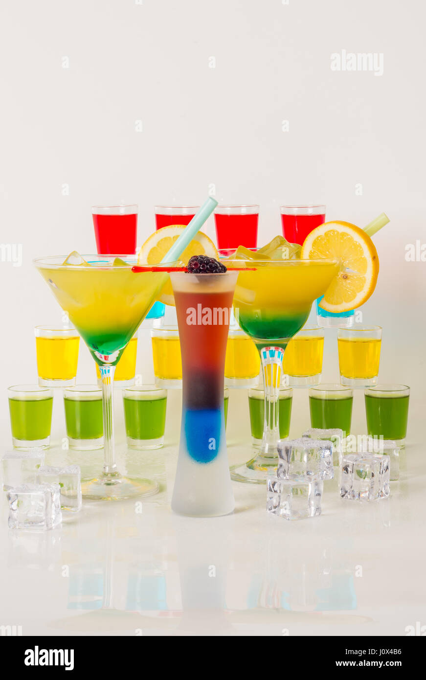 Colorful set of drinks, color drink decorated with fruit, many color ...