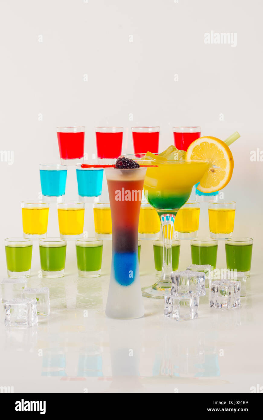 Colorful set of drinks, color drink decorated with fruit, many color ...