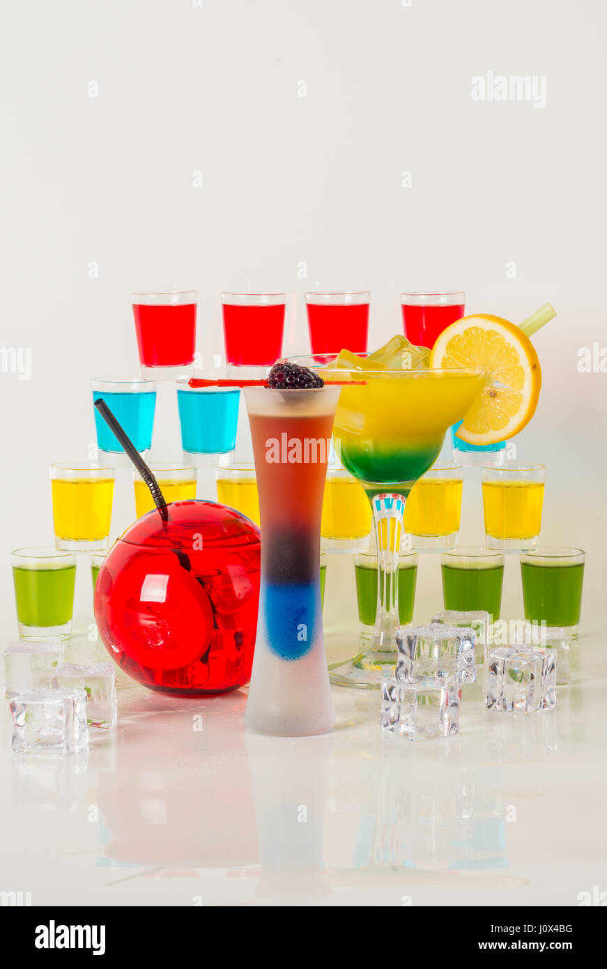 Colorful set of drinks, color drink decorated with fruit, many color ...
