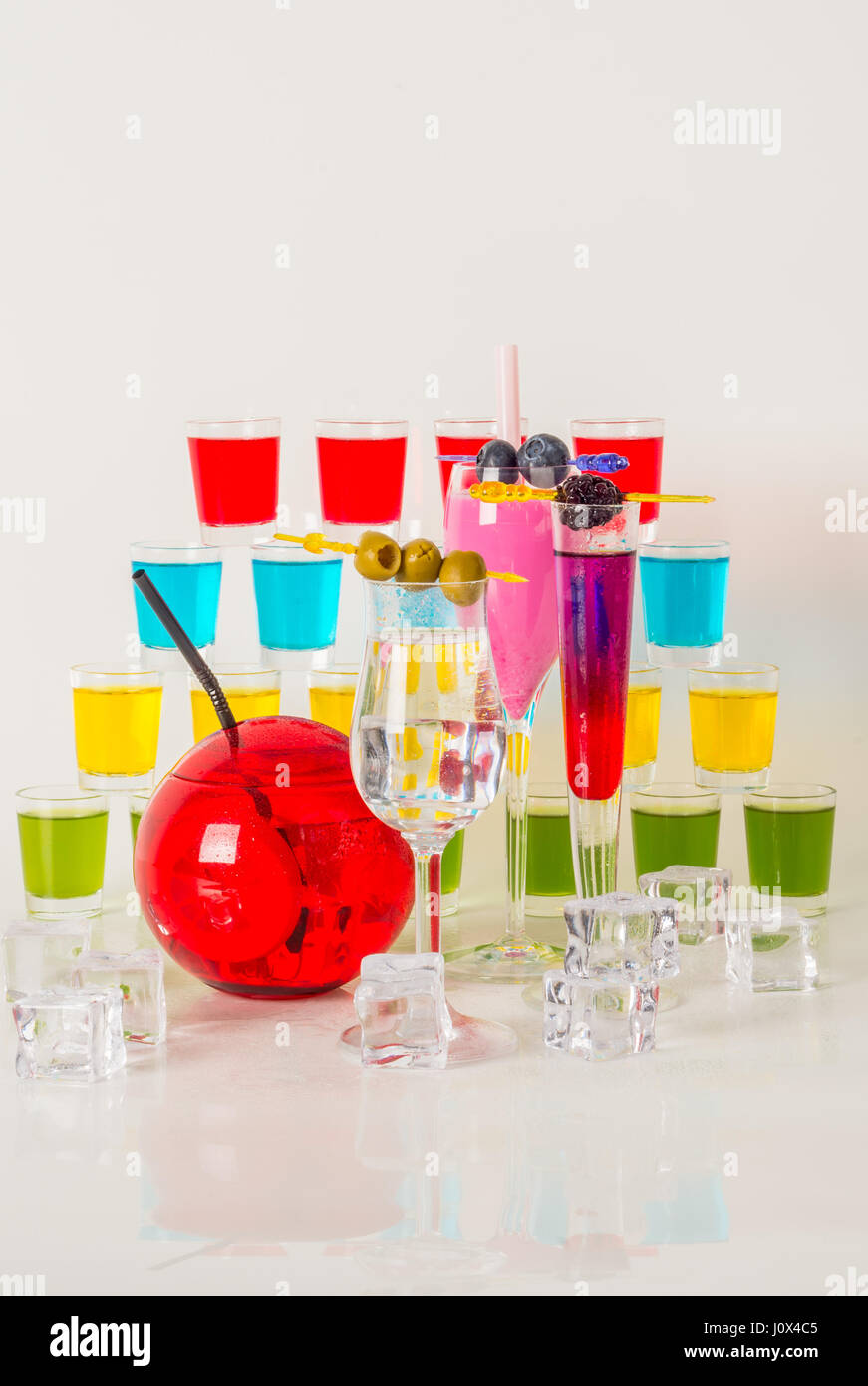 Colorful set of drinks, color drink decorated with fruit, many color ...