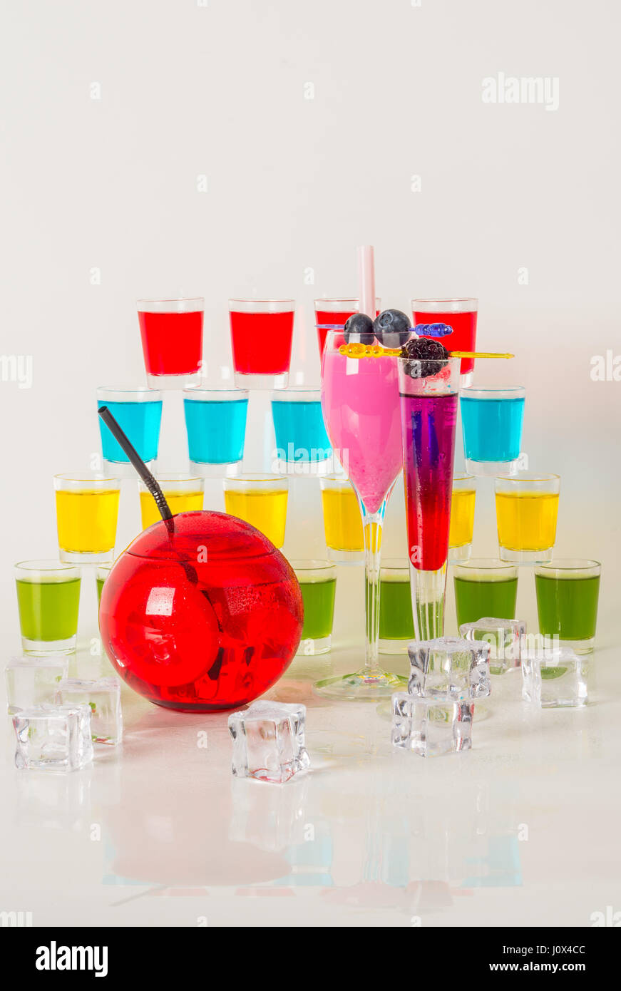 Colorful set of drinks, color drink decorated with fruit, many color ...