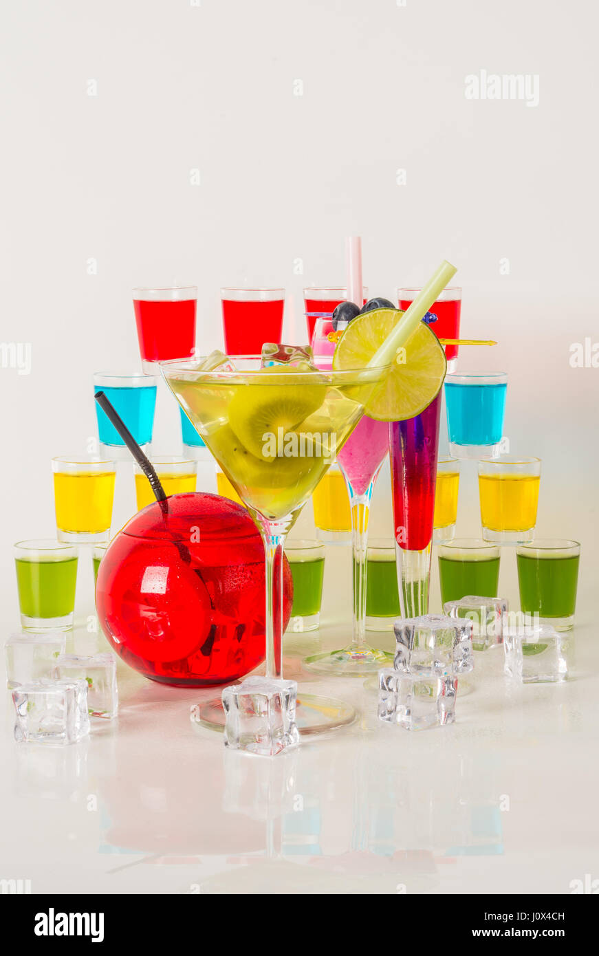 Colorful set of drinks, color drink decorated with fruit, many color ...