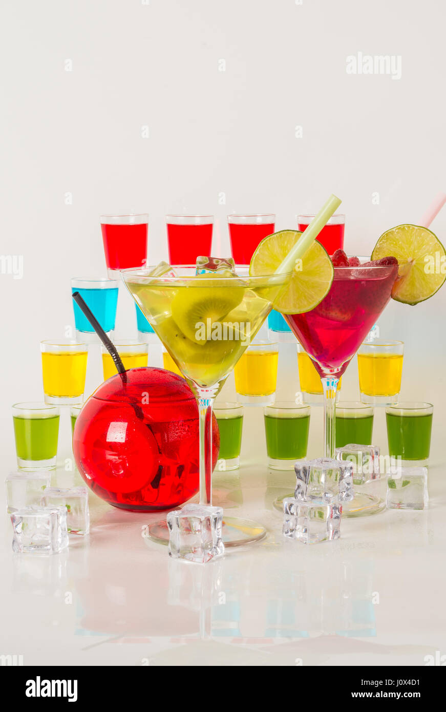 Colorful set of drinks, color drink decorated with fruit, many color ...