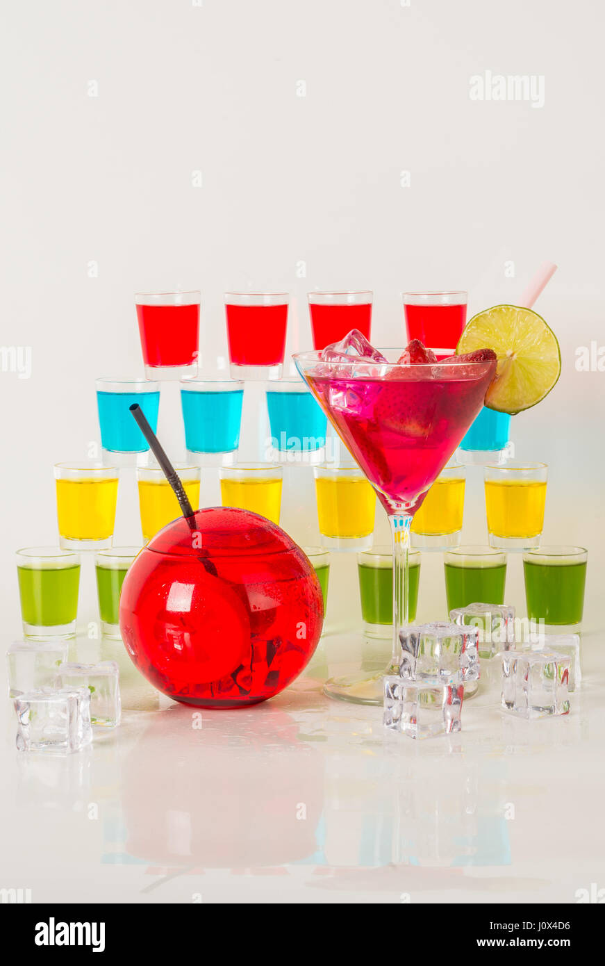 Colorful set of drinks, color drink decorated with fruit, many color ...