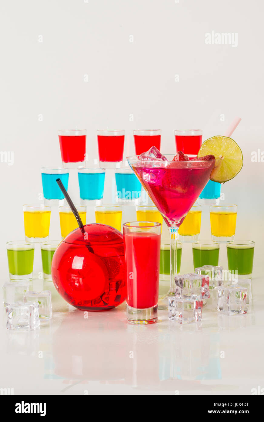 Colorful set of drinks, color drink decorated with fruit, many color ...