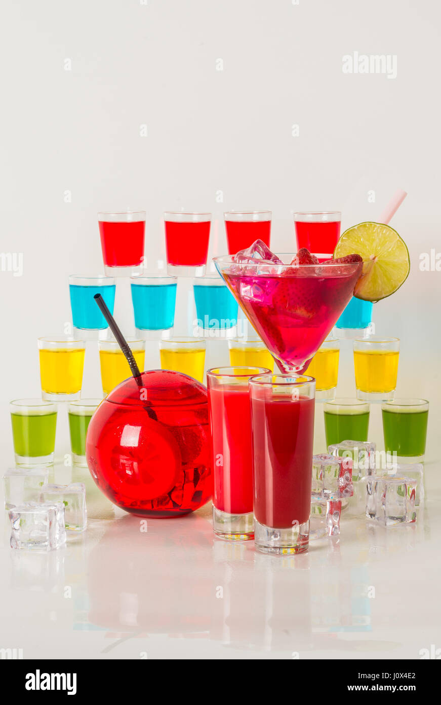 Colorful set of drinks, color drink decorated with fruit, many color ...