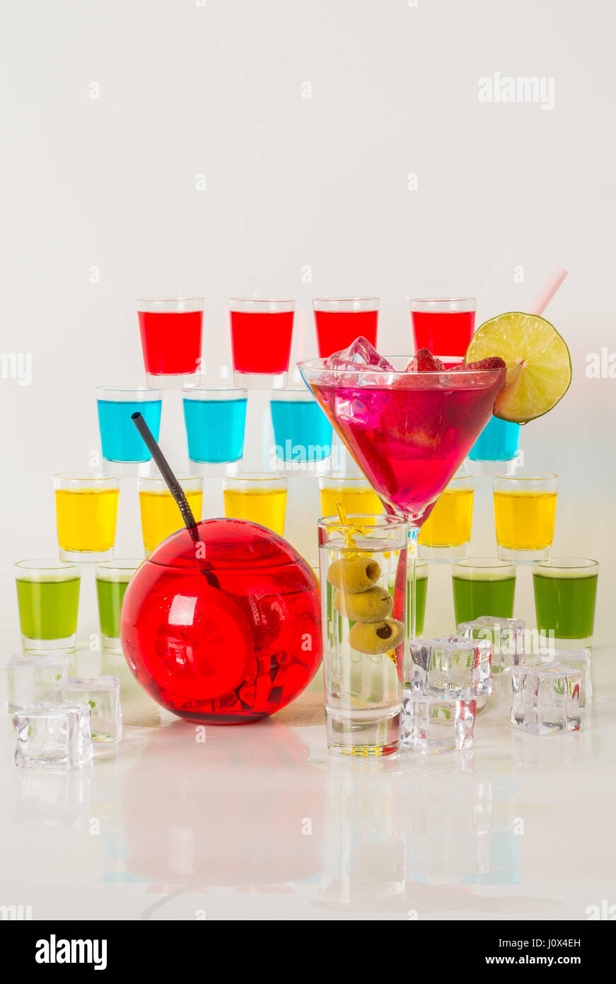 Colorful set of drinks, color drink decorated with fruit, many color ...
