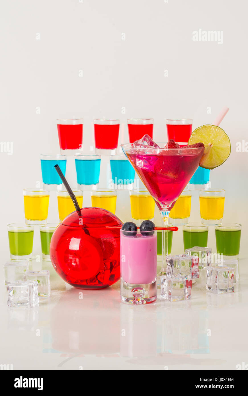 Colorful set of drinks, color drink decorated with fruit, many color ...