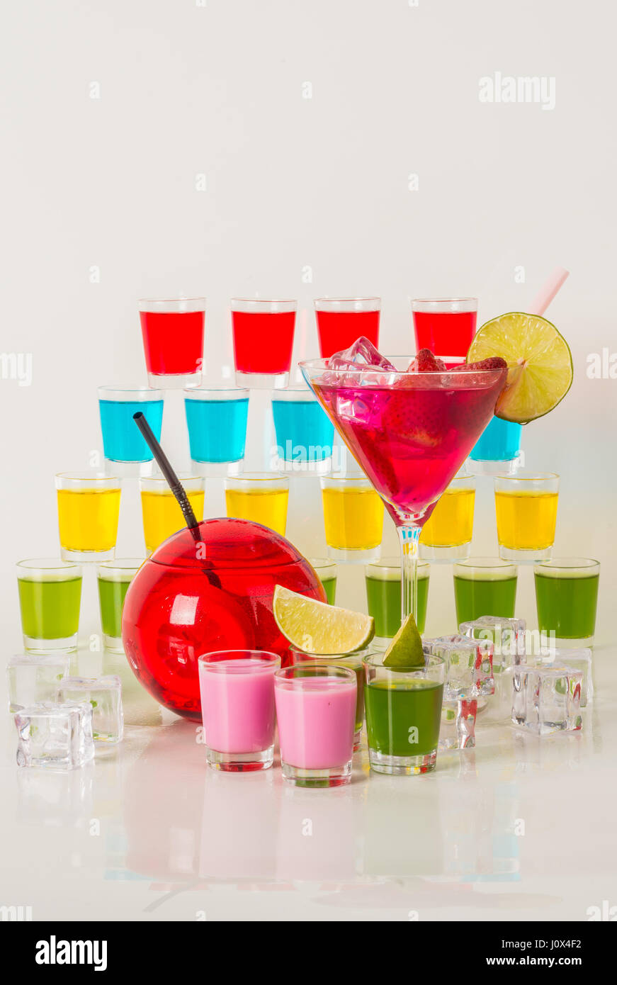 Colorful set of drinks, color drink decorated with fruit, many color ...