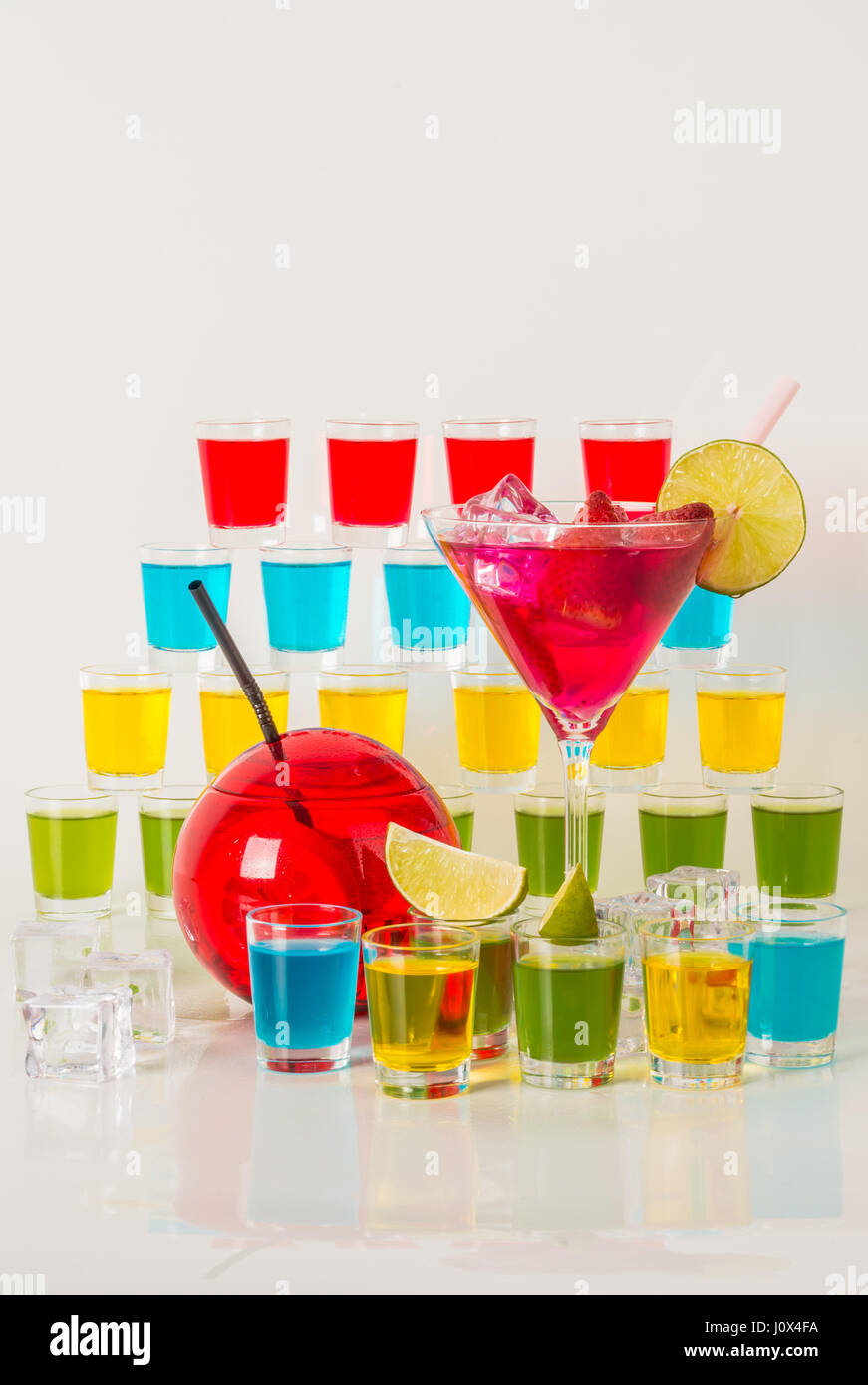 Colorful set of drinks, color drink decorated with fruit, many color ...