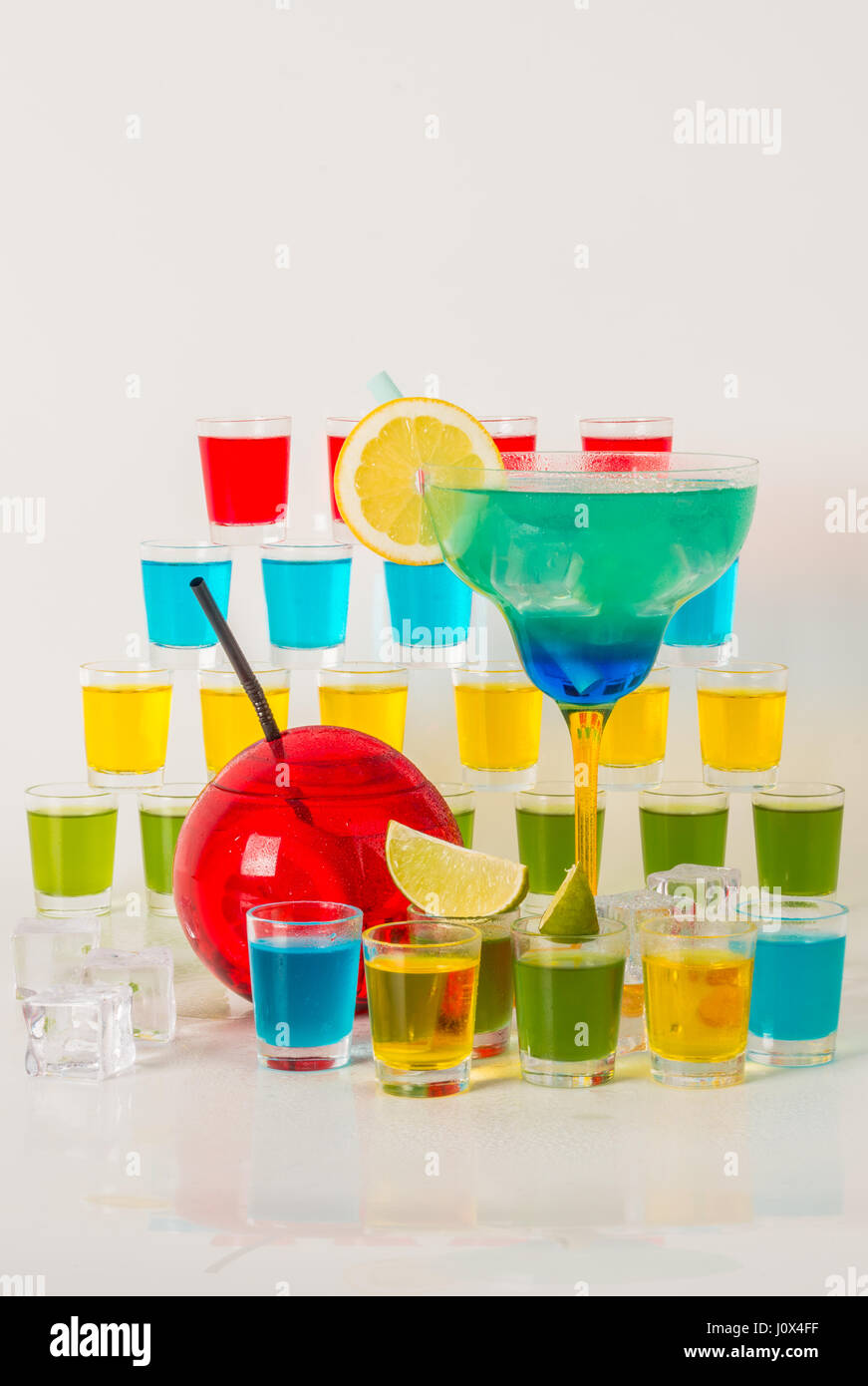 Colorful set of drinks, color drink decorated with fruit, many color ...