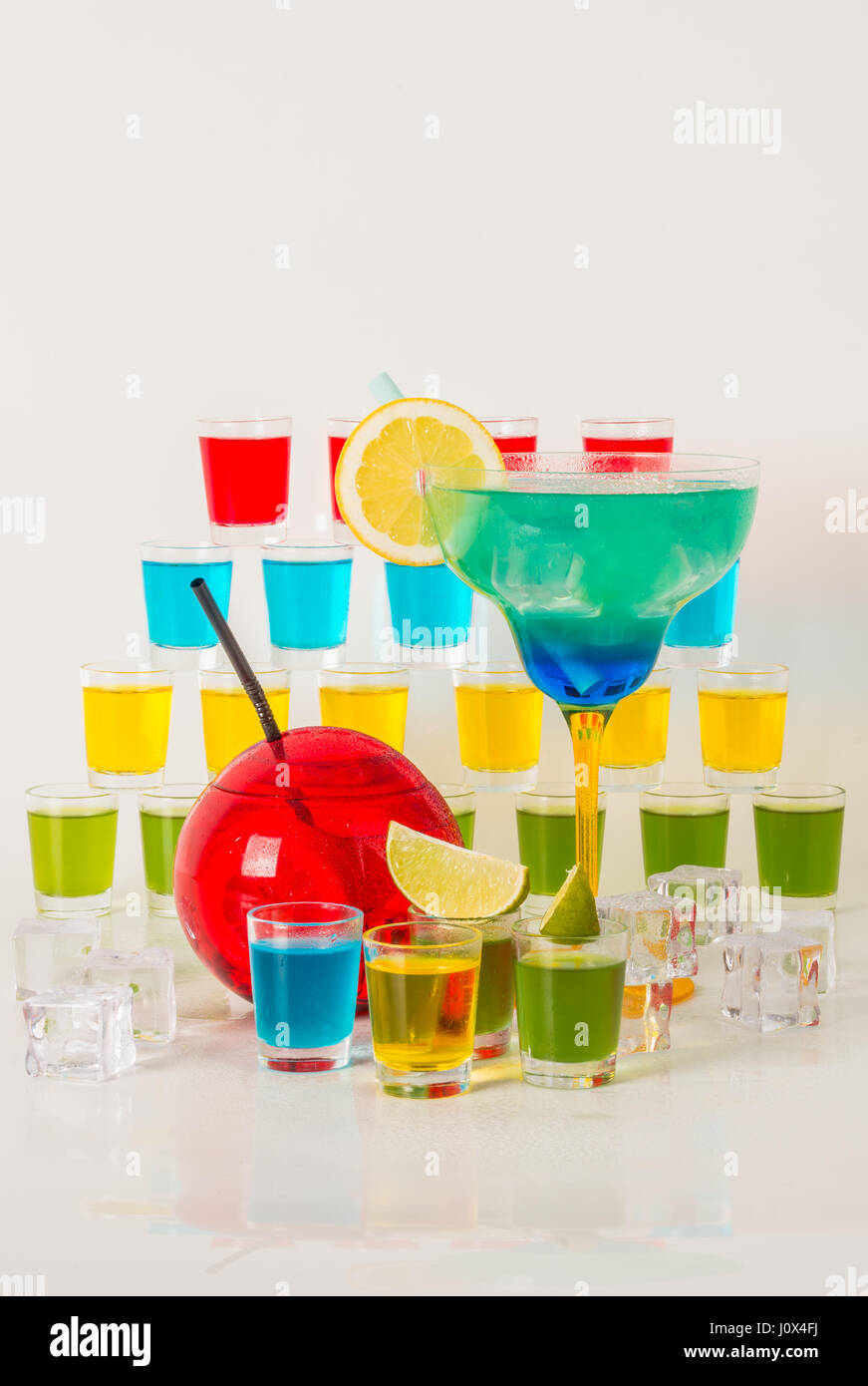Colorful set of drinks, color drink decorated with fruit, many color ...