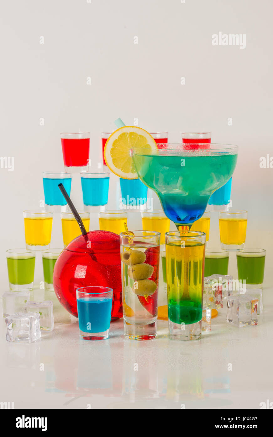 Colorful set of drinks, color drink decorated with fruit, many color ...