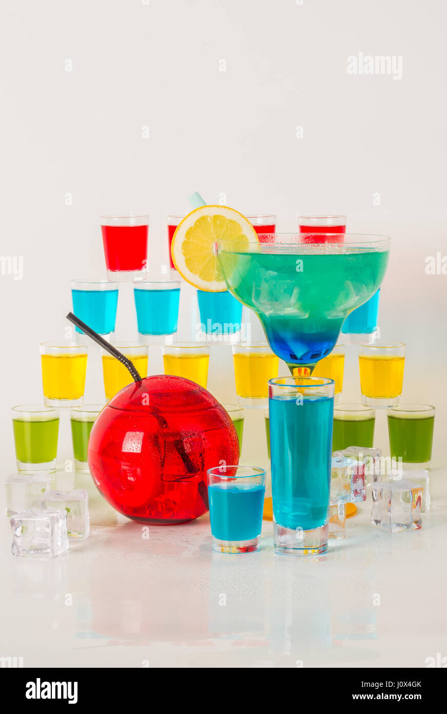 Colorful set of drinks, color drink decorated with fruit, many color ...