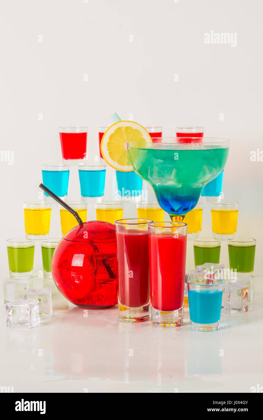 Colorful set of drinks, color drink decorated with fruit, many color ...