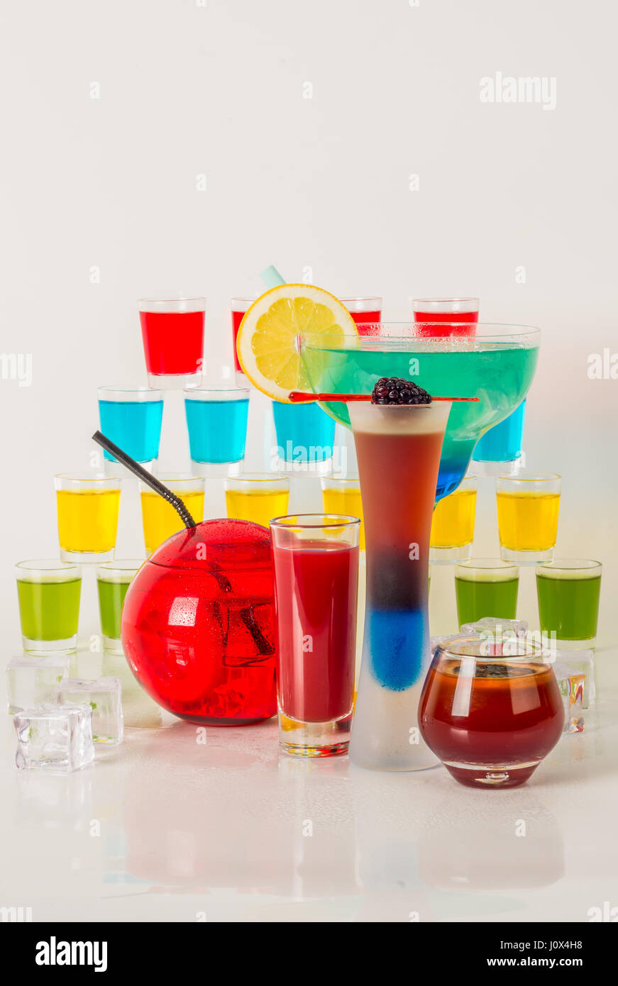 Colorful set of drinks, color drink decorated with fruit, many color ...