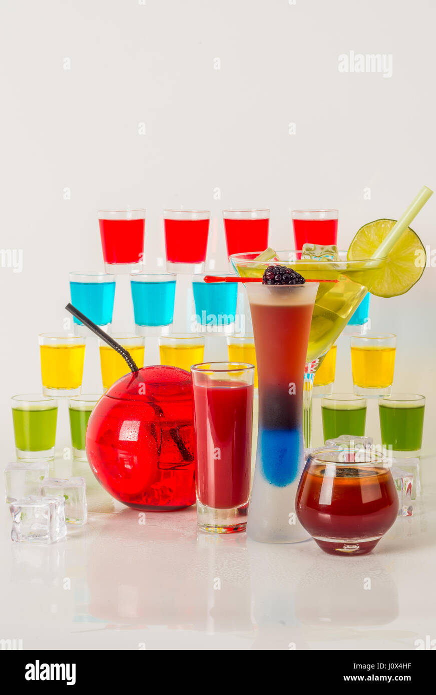 Colorful set of drinks, color drink decorated with fruit, many color ...