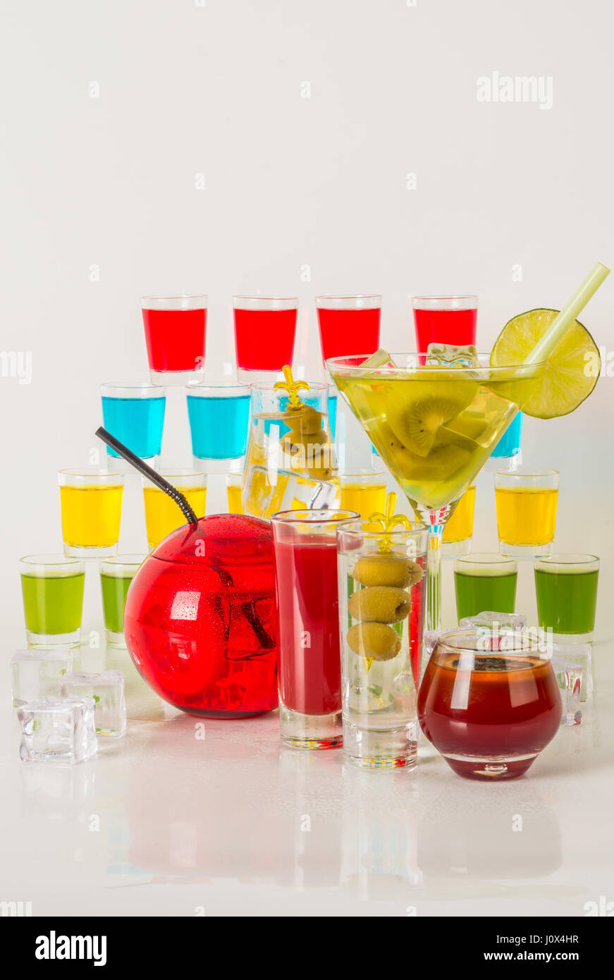 Colorful set of drinks, color drink decorated with fruit, many color ...