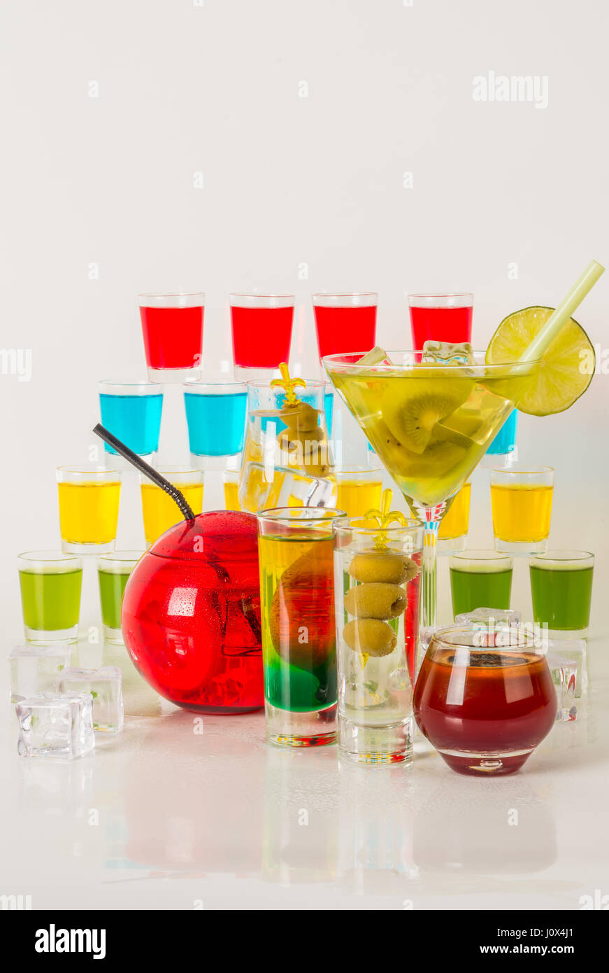 Colorful set of drinks, color drink decorated with fruit, many color ...
