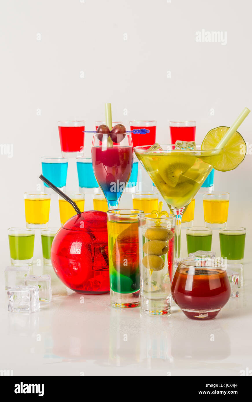 Colorful set of drinks, color drink decorated with fruit, many color ...