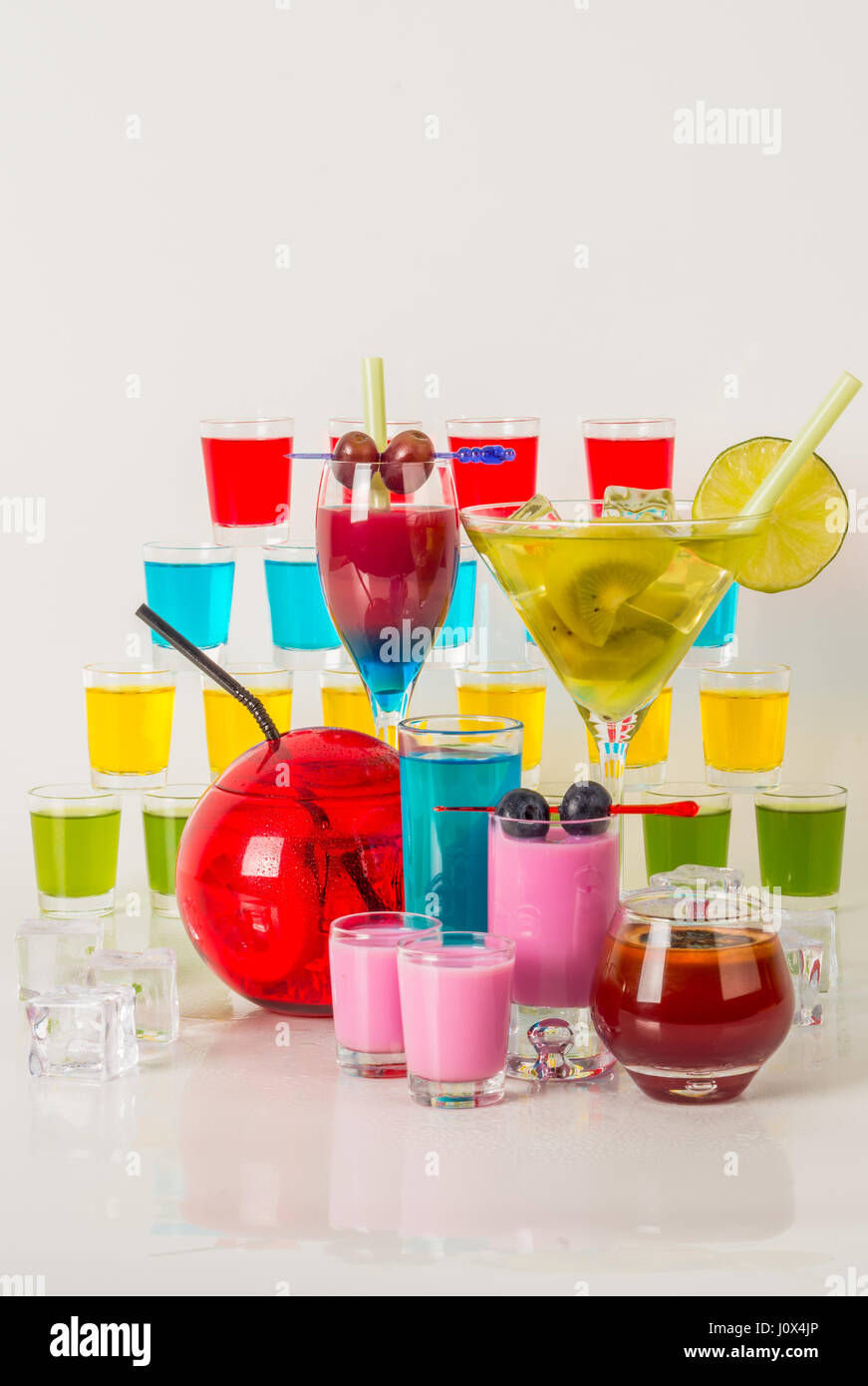 Colorful set of drinks, color drink decorated with fruit, many color ...