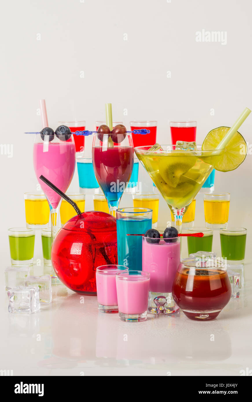 Colorful set of drinks, color drink decorated with fruit, many color ...