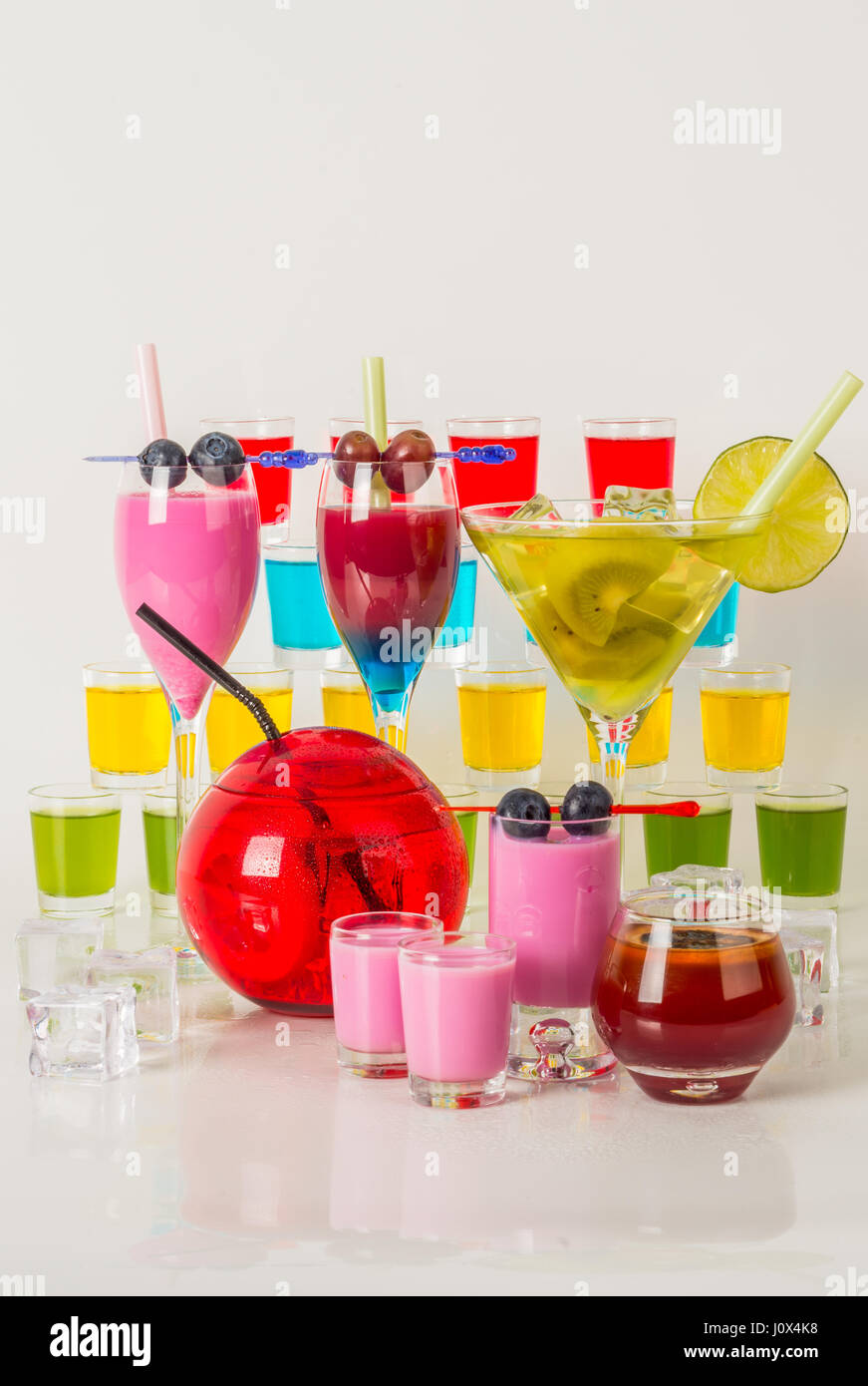 Colorful set of drinks, color drink decorated with fruit, many color ...