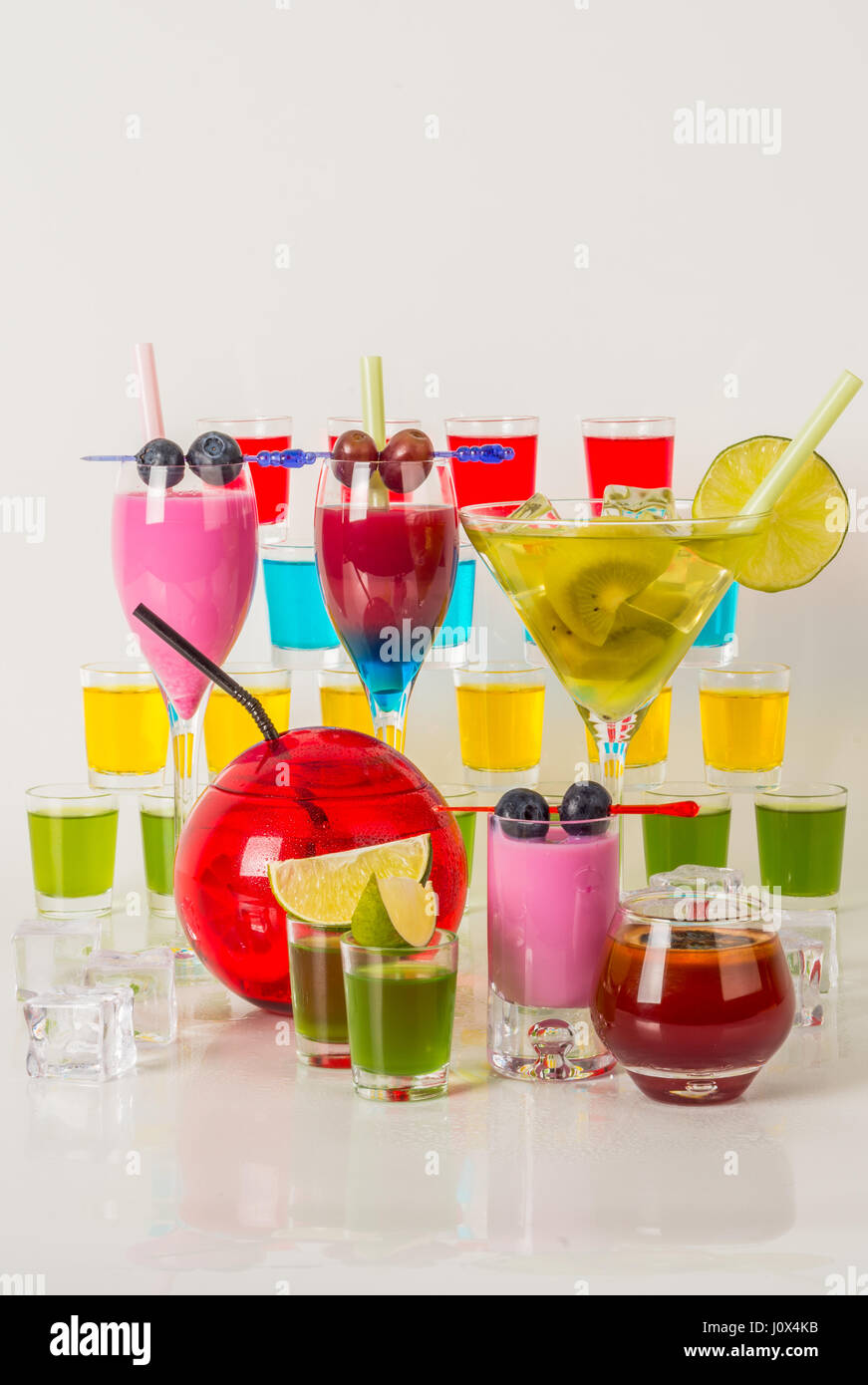 Colorful set of drinks, color drink decorated with fruit, many color ...