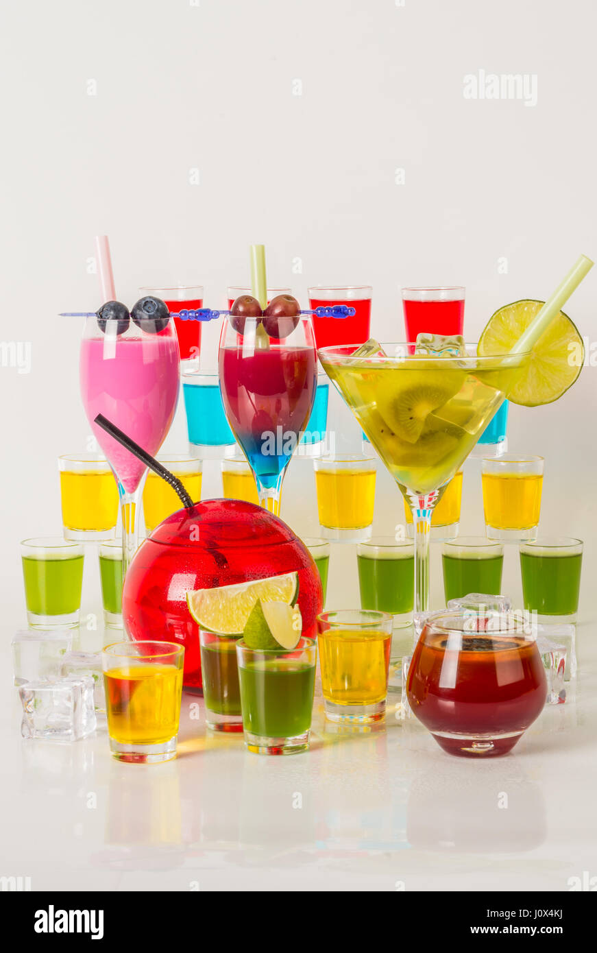 Colorful set of drinks, color drink decorated with fruit, many color ...
