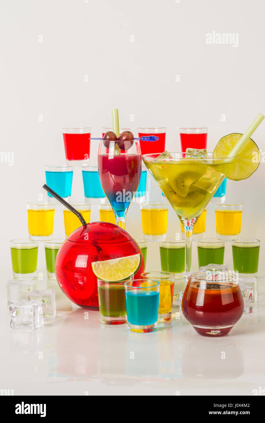 Colorful set of drinks, color drink decorated with fruit, many color ...