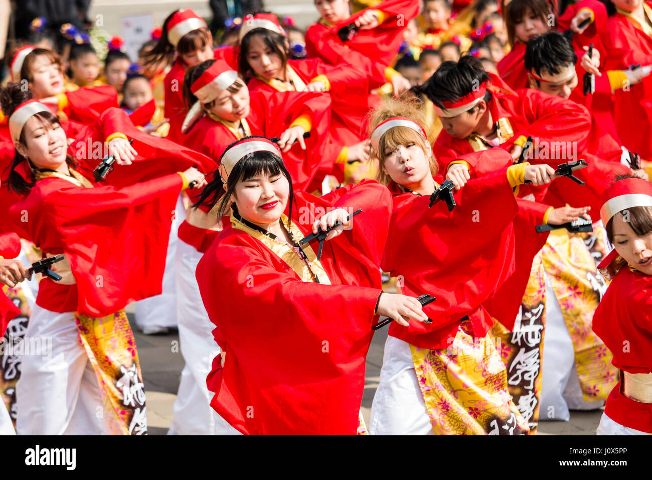 Hinokuni Yosakoi Dance festival in Kumamoto. Team formation dancing in ...