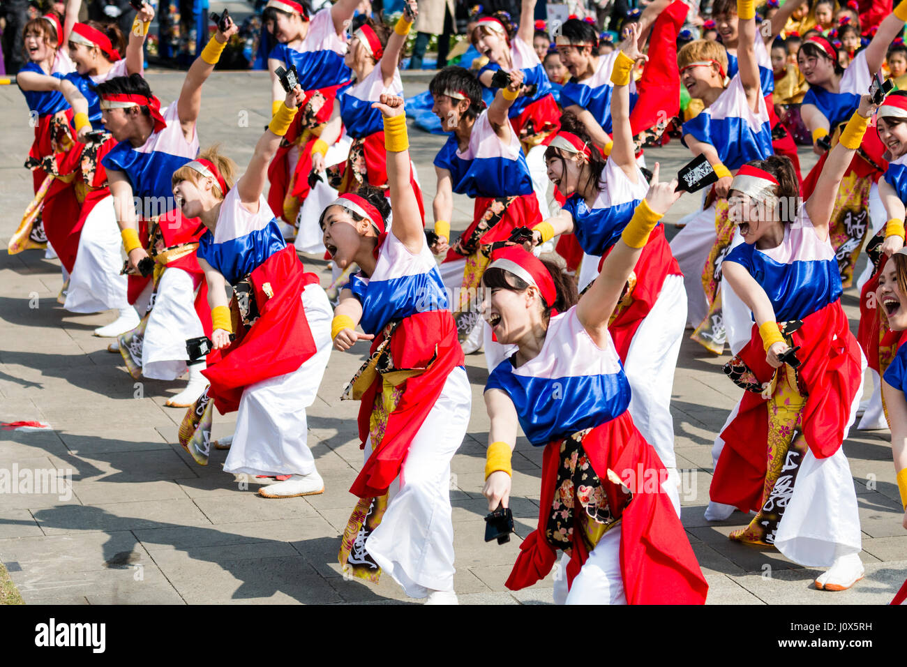 Kumamoto, Hinokuni Yosakoi Dance festival. Dance team in red, blue and ...