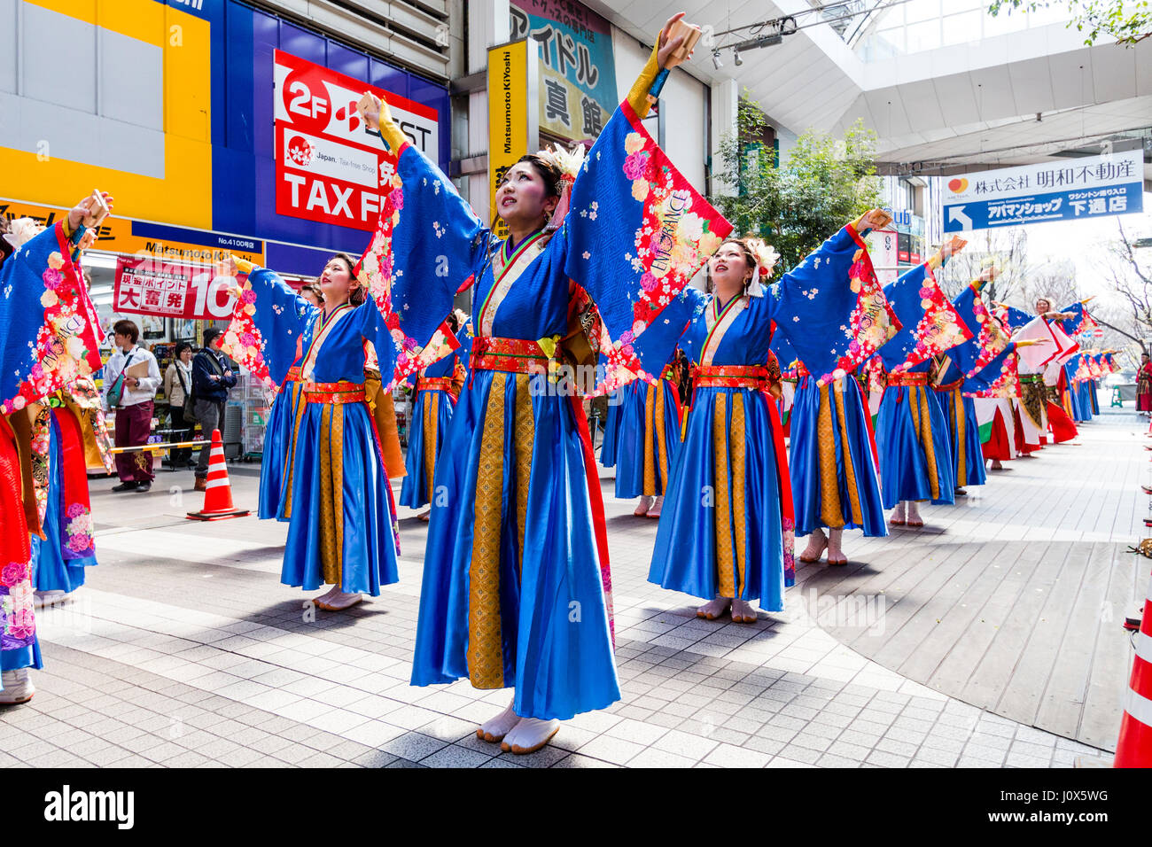 Hinokuni Yosakoi Dance Festival. Women team in blue and red yukata ...
