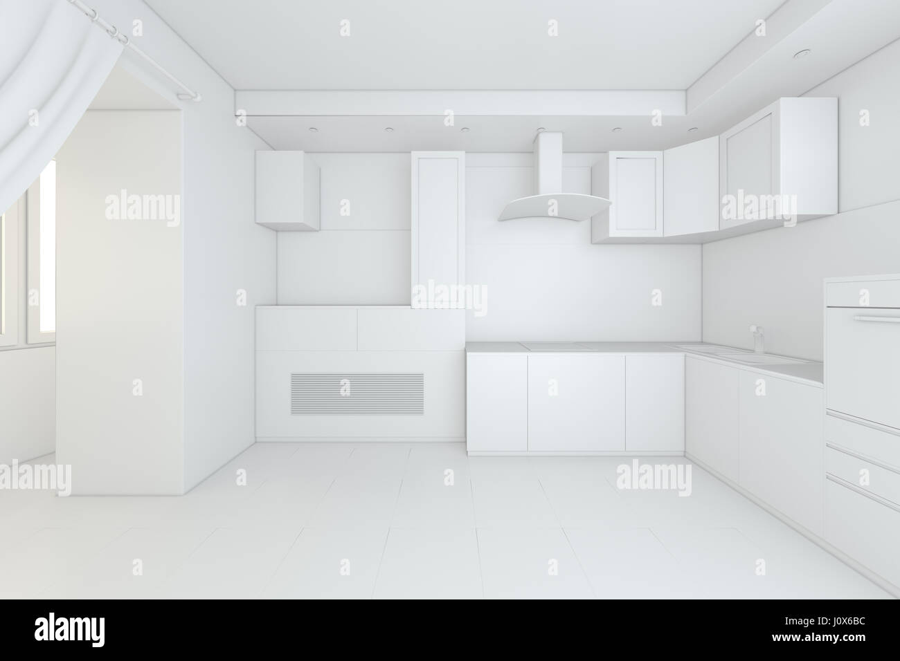 Empty clean new white kitchen. 3d Rendering Stock Photo - Alamy
