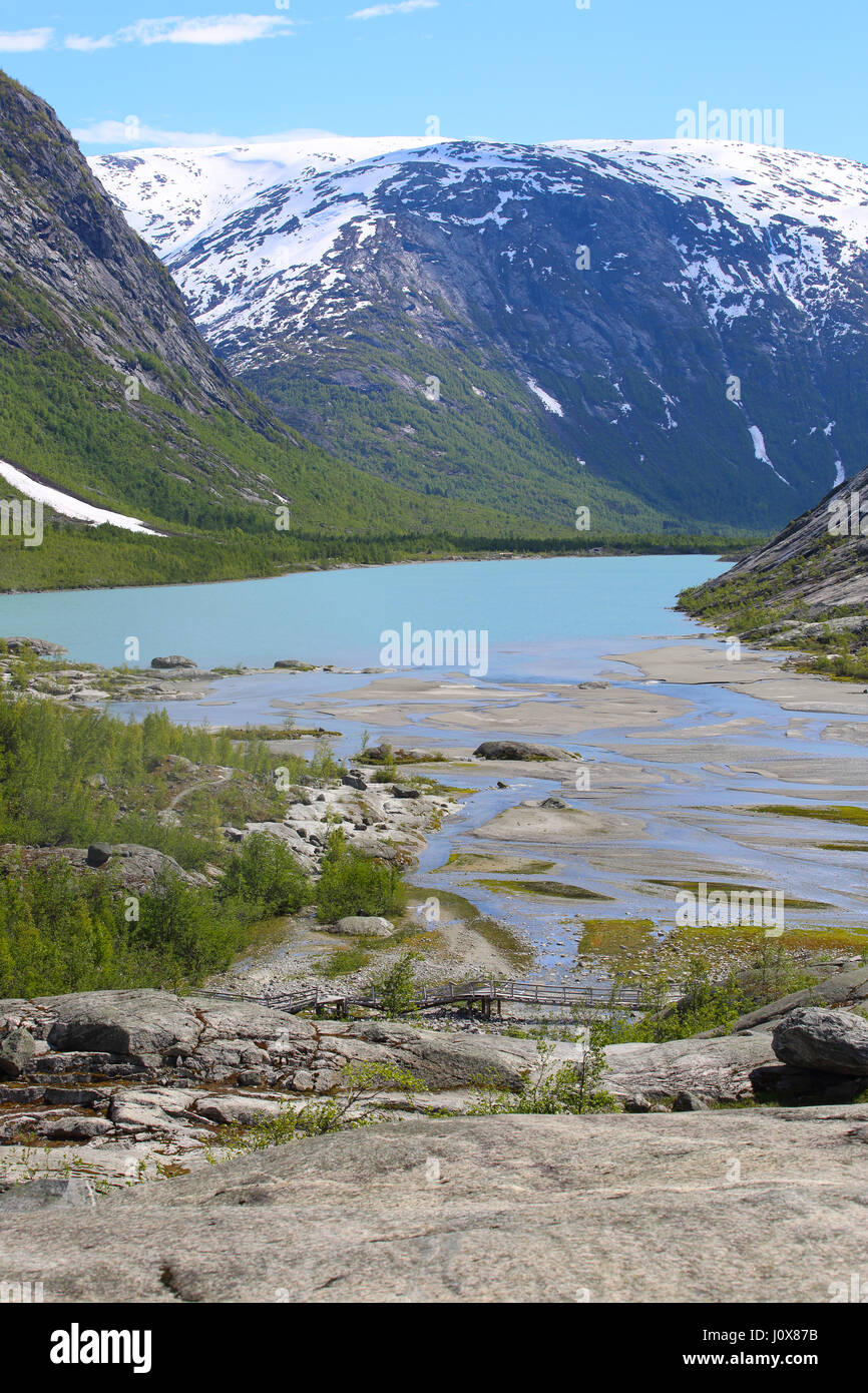 Mountain landscape with glacial river in Jostedalsbreen National Park ...