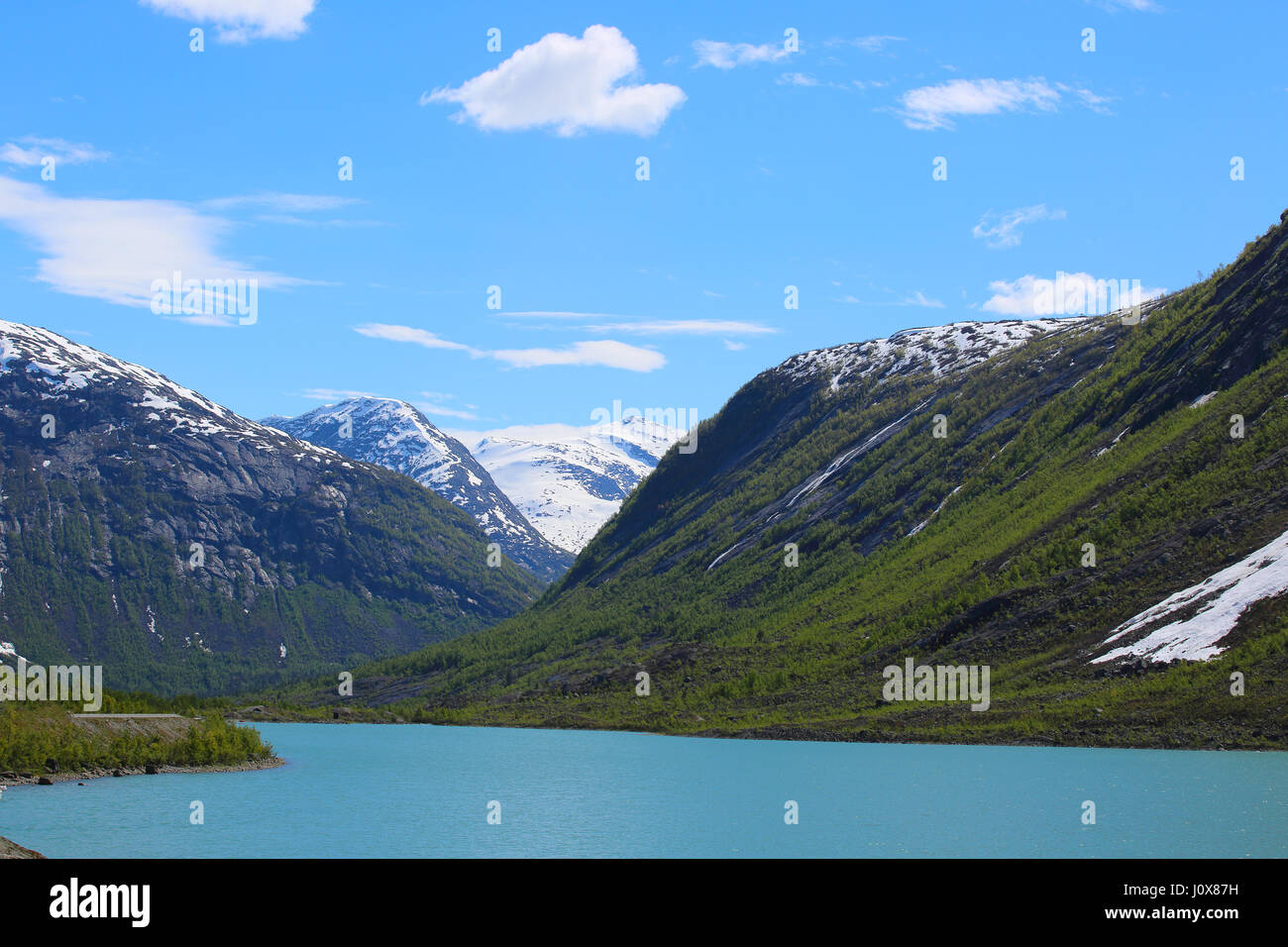 Mountain landscape with glacial river in Jostedalsbreen National Park ...