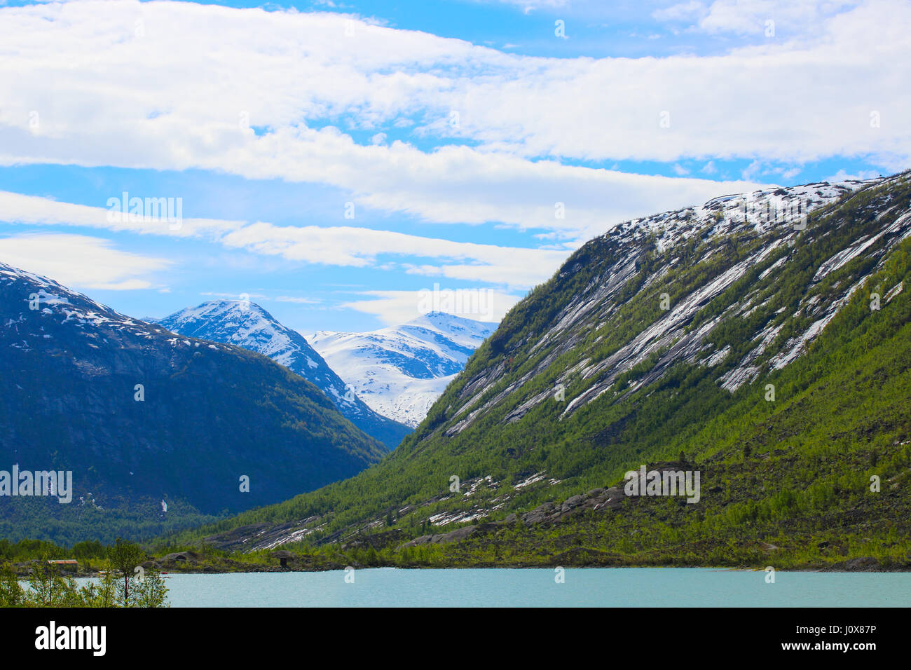 Mountain landscape with glacial river in Jostedalsbreen National Park ...