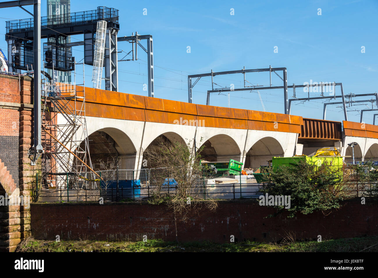 Weathering steel side panels on the newly widened section of a railway ...