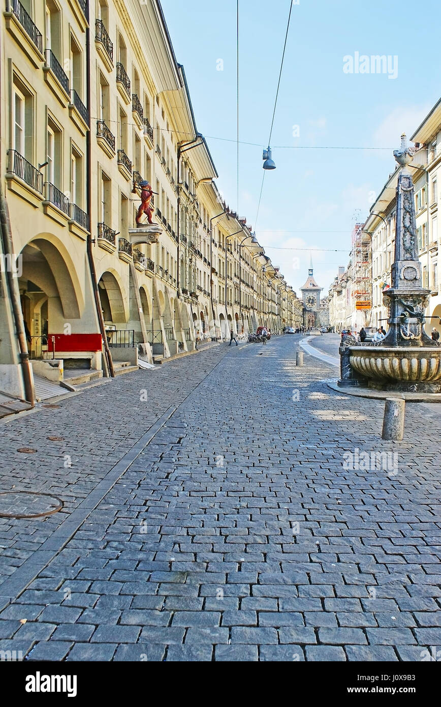 BERNE, SWITZERLAND - MARCH 3, 2011: The old mansions of the Kramgasse ...