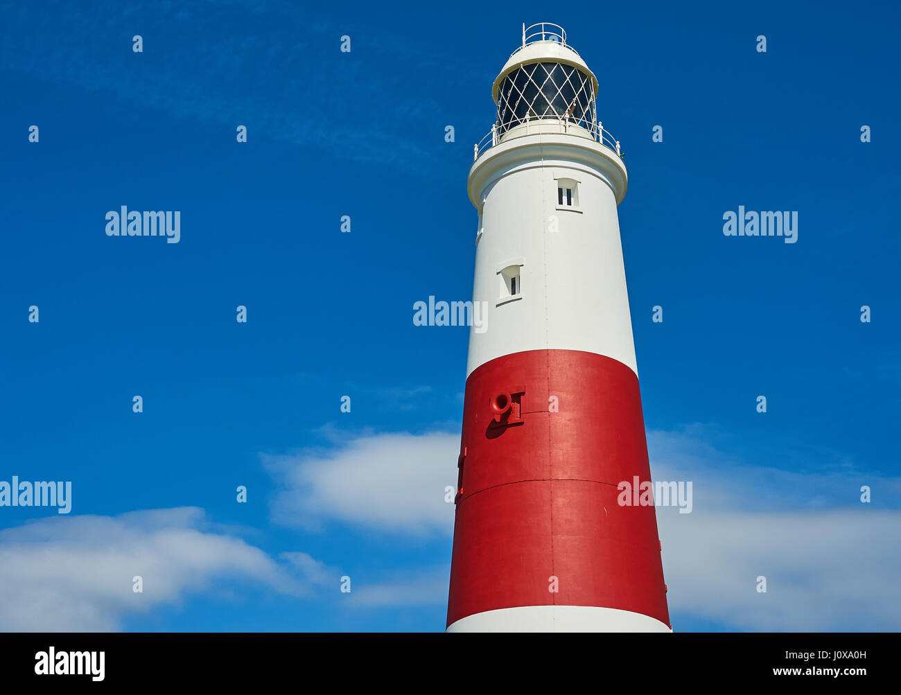 The red and white tower of Portland light house, on the southern end of ...