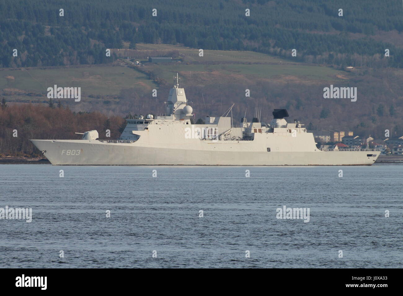 HNLMS Tromp (F803), a De Zeven Provincien-class frigate of the Royal Netherlands Navy, departs ...