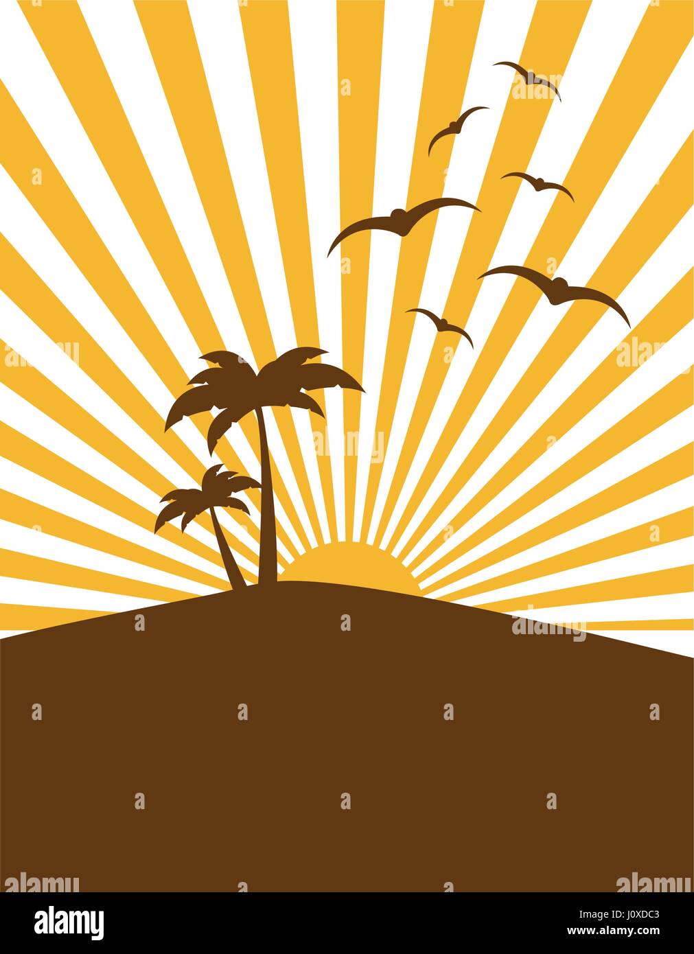 colorful rectangular background sunset with beach and palms with gulls ...