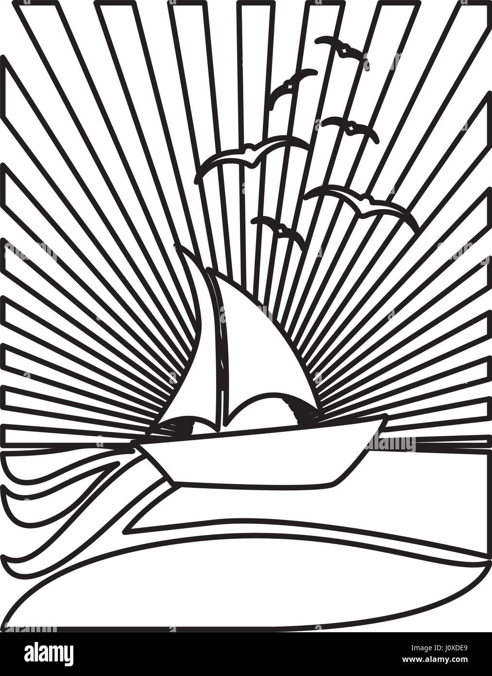 silhouette rectangular background sunset in the ocean with boat and ...