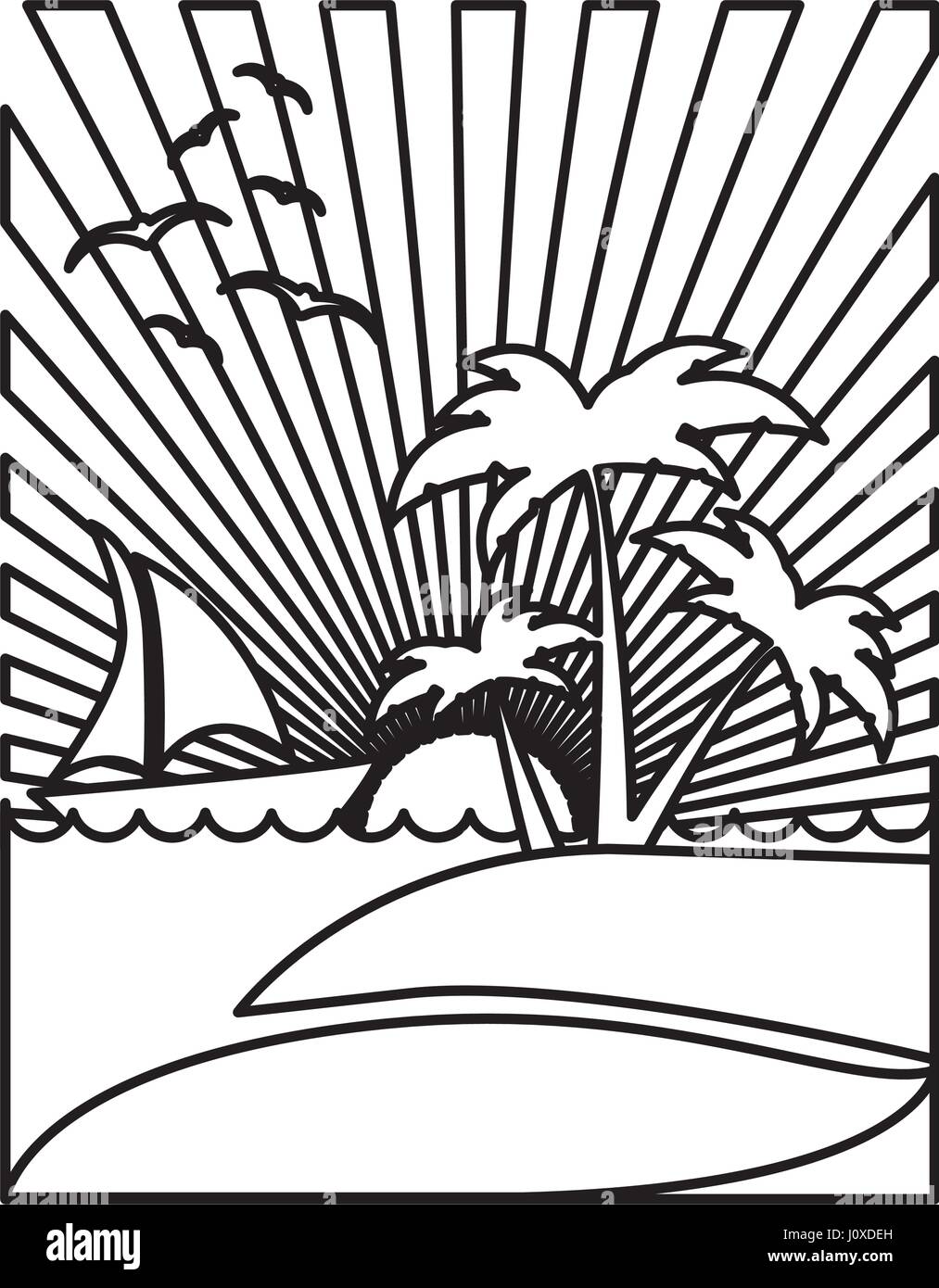 silhouette rectangular background sunset with beach and boat Stock ...