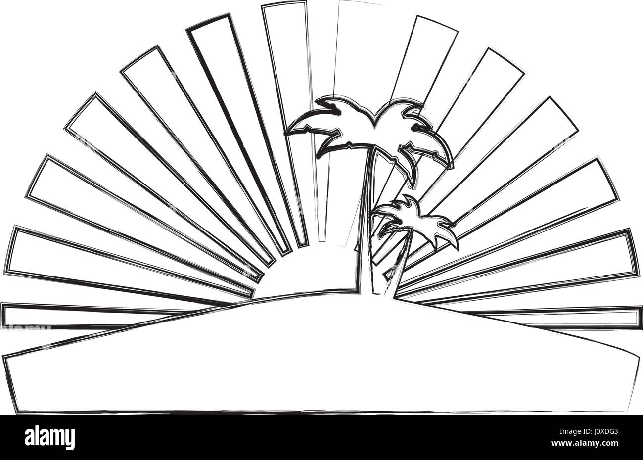 monochrome circular background contour of sunset with beach and palms ...