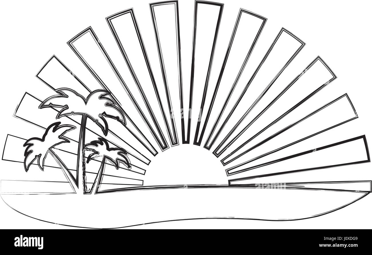 monochrome contour of sunset with beach and palms Stock Vector Image ...
