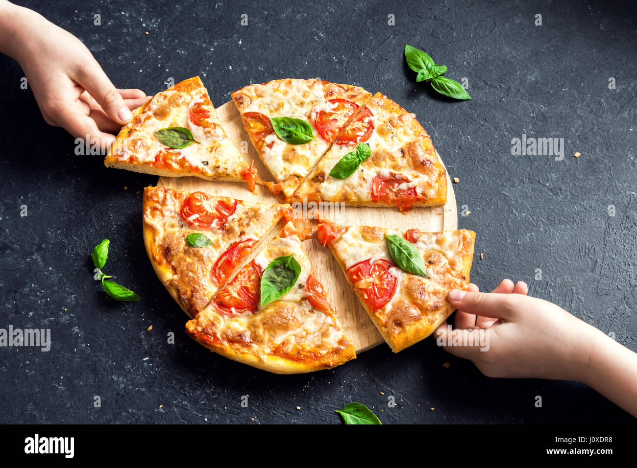 People Hands Taking Slices Of Pizza Margherita. Pizza Margarita and ...