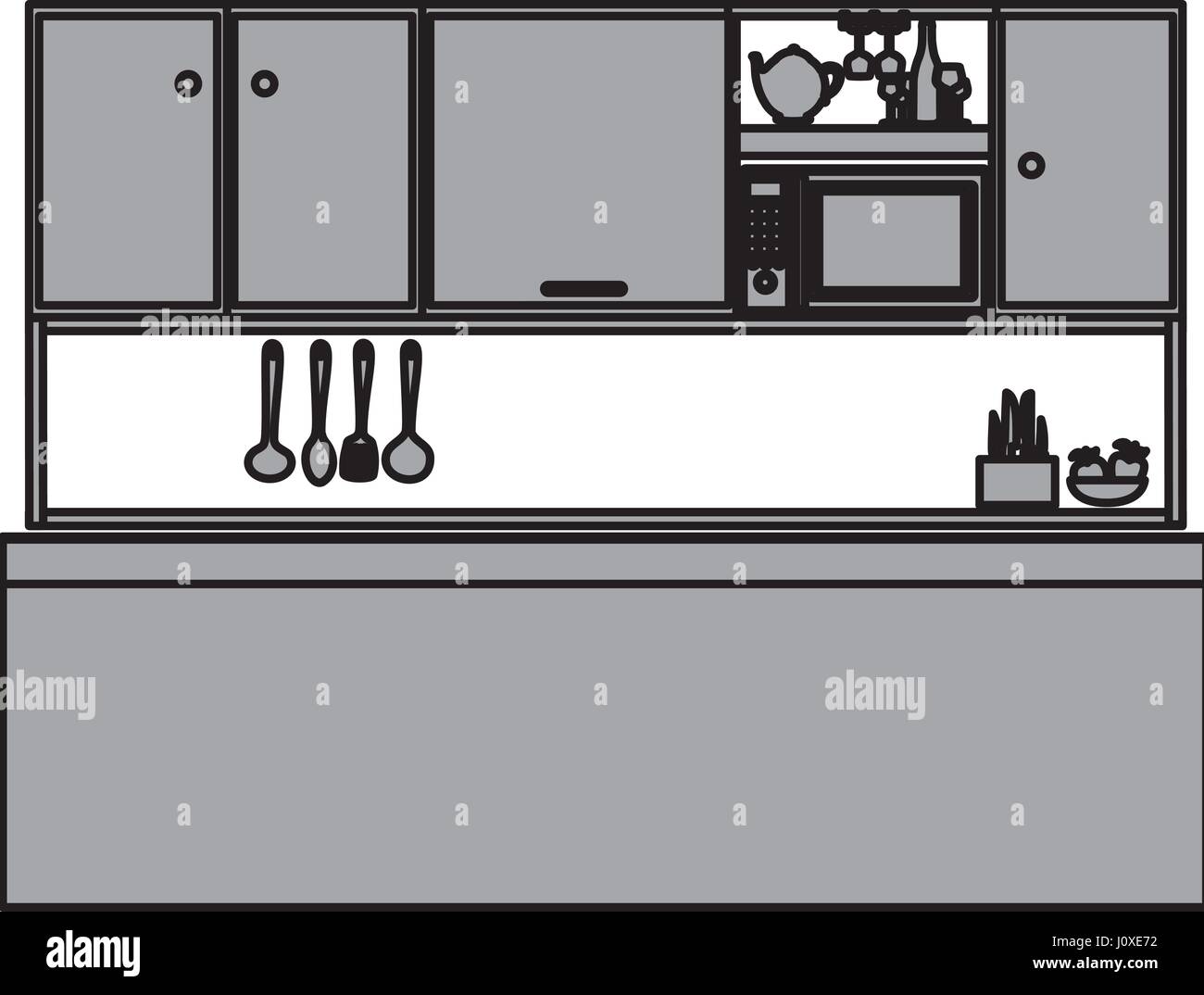 grayscale silhouette of kitchen with top cabinets Stock Vector Image ...